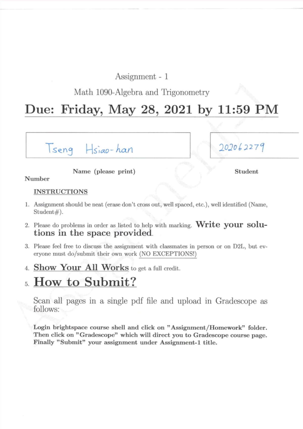 Math Assignment 1 (Written) - Assignment 1 Math and Trigonometry Due: Friday, May 28, 2021 11:59 ...