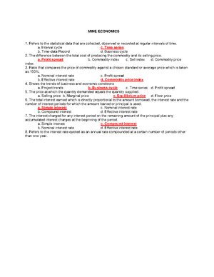 MINE Economics Mock Exam 1 - MINE ECONOMICS 2023 ECONOMICS OF MINING It ...