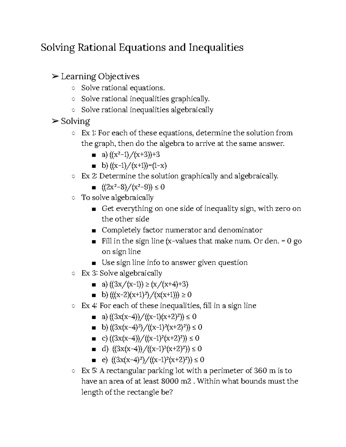 Math 1050 Lecture Notes Class 15 Solving Rational Equations And Inequalities Learning