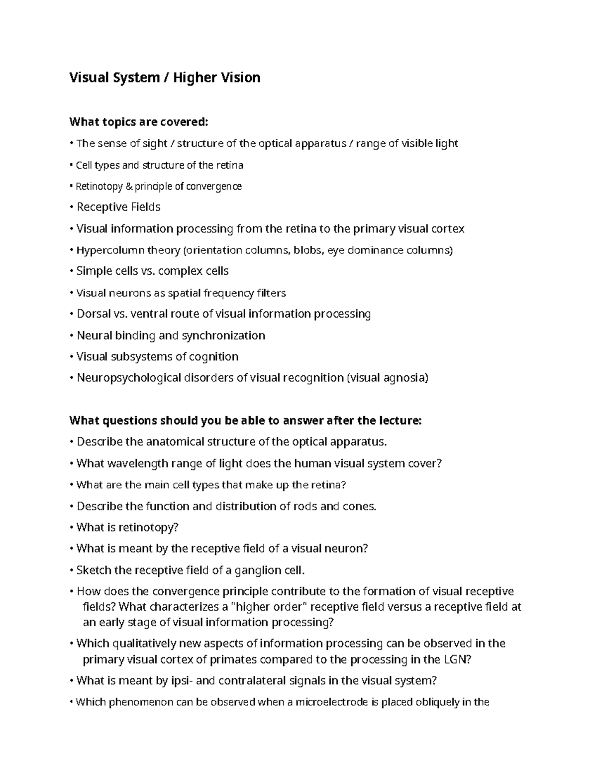 Study guide 10: Visual system (part 1) - Visual System / Higher Vision ...
