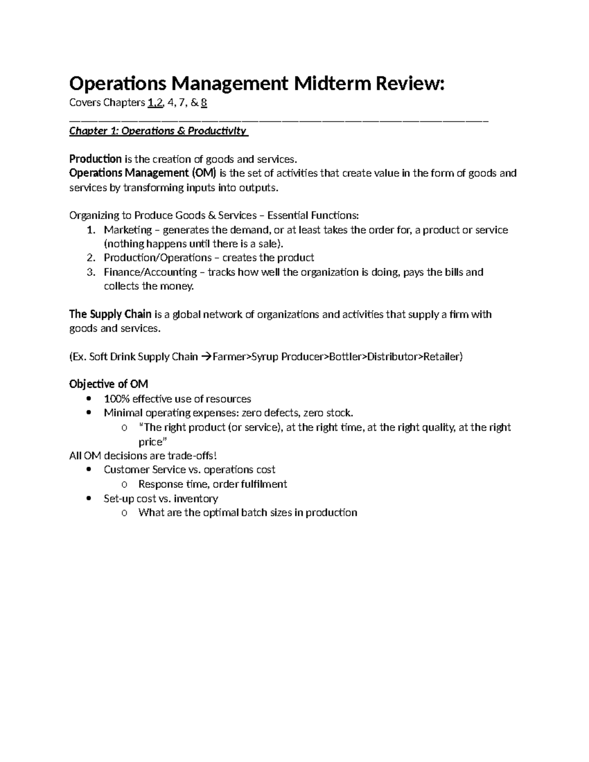 MGMT 2500 Midterm Notes - Operations Management Midterm Review: Covers ...
