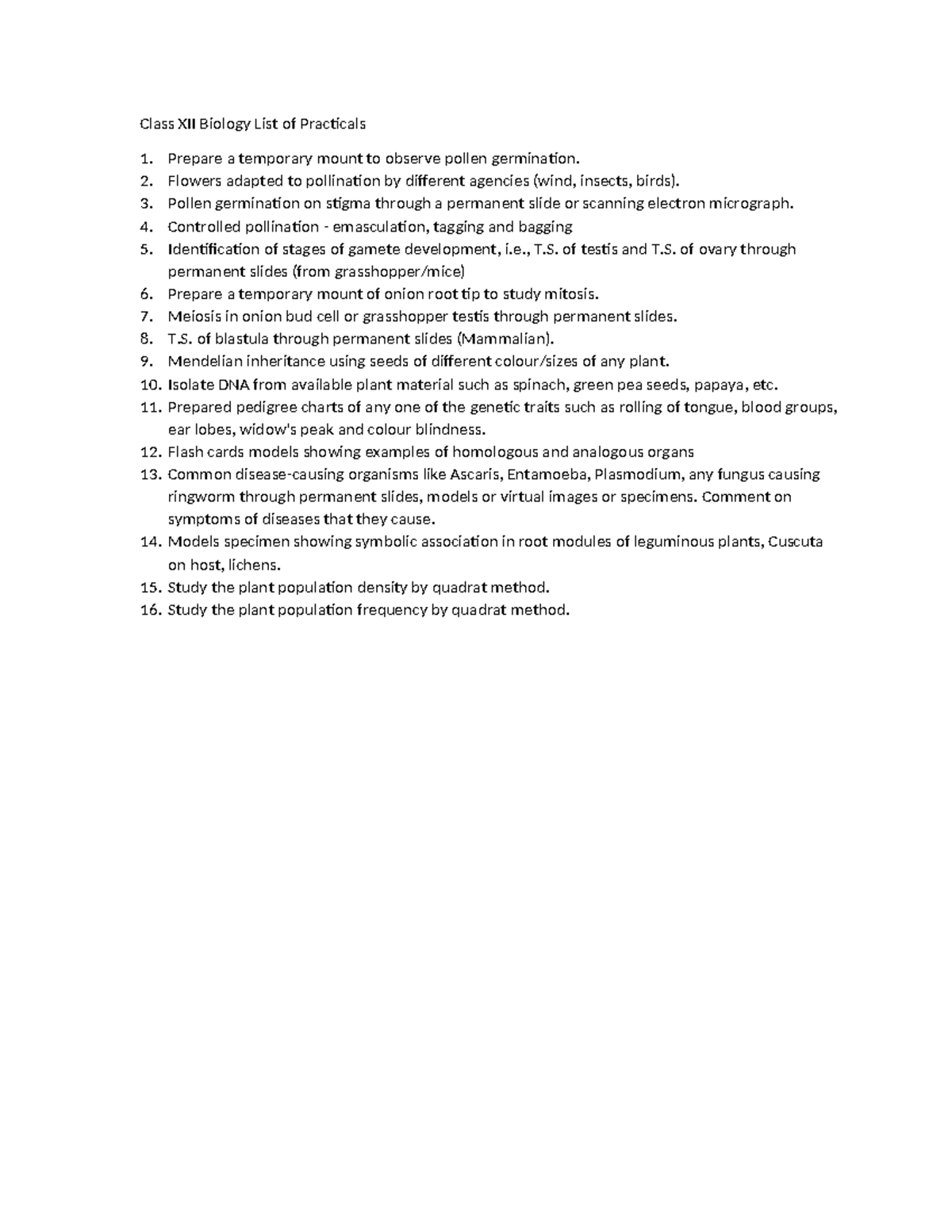 List of experiment XII - Class XII Biology List of Practicals Prepare a ...
