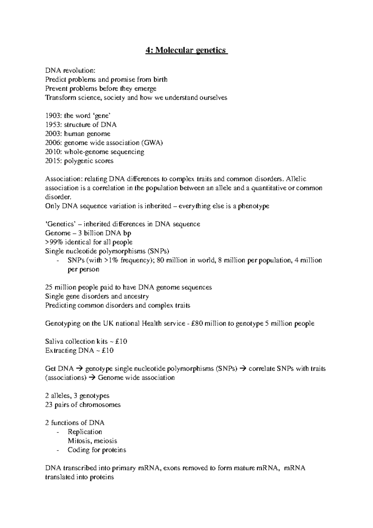 4 Molecular genetics - Lecture notes 4 - 4: Molecular genetics DNA ...