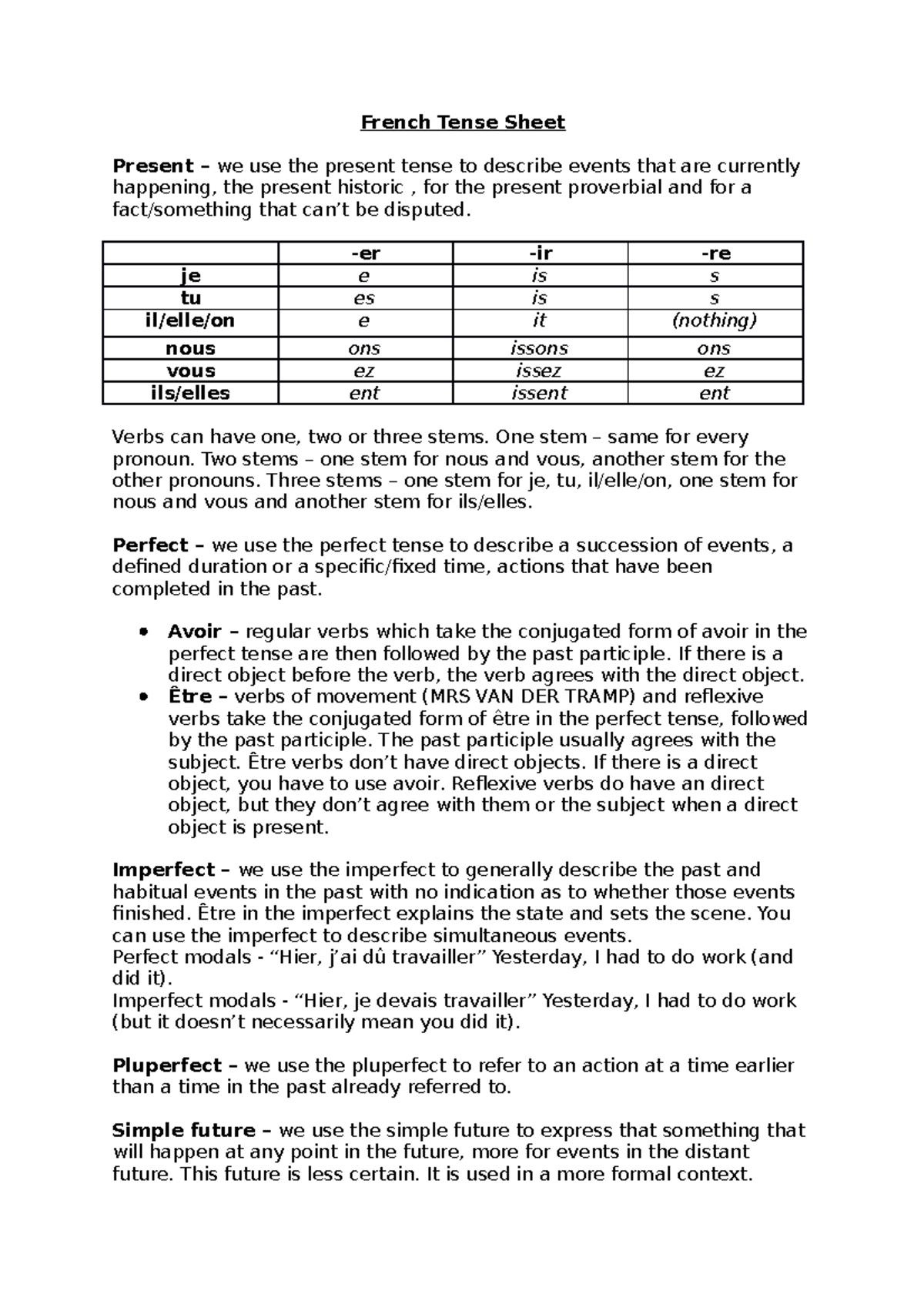 French Tense Sheet - French Tense Sheet Present – we use the present ...