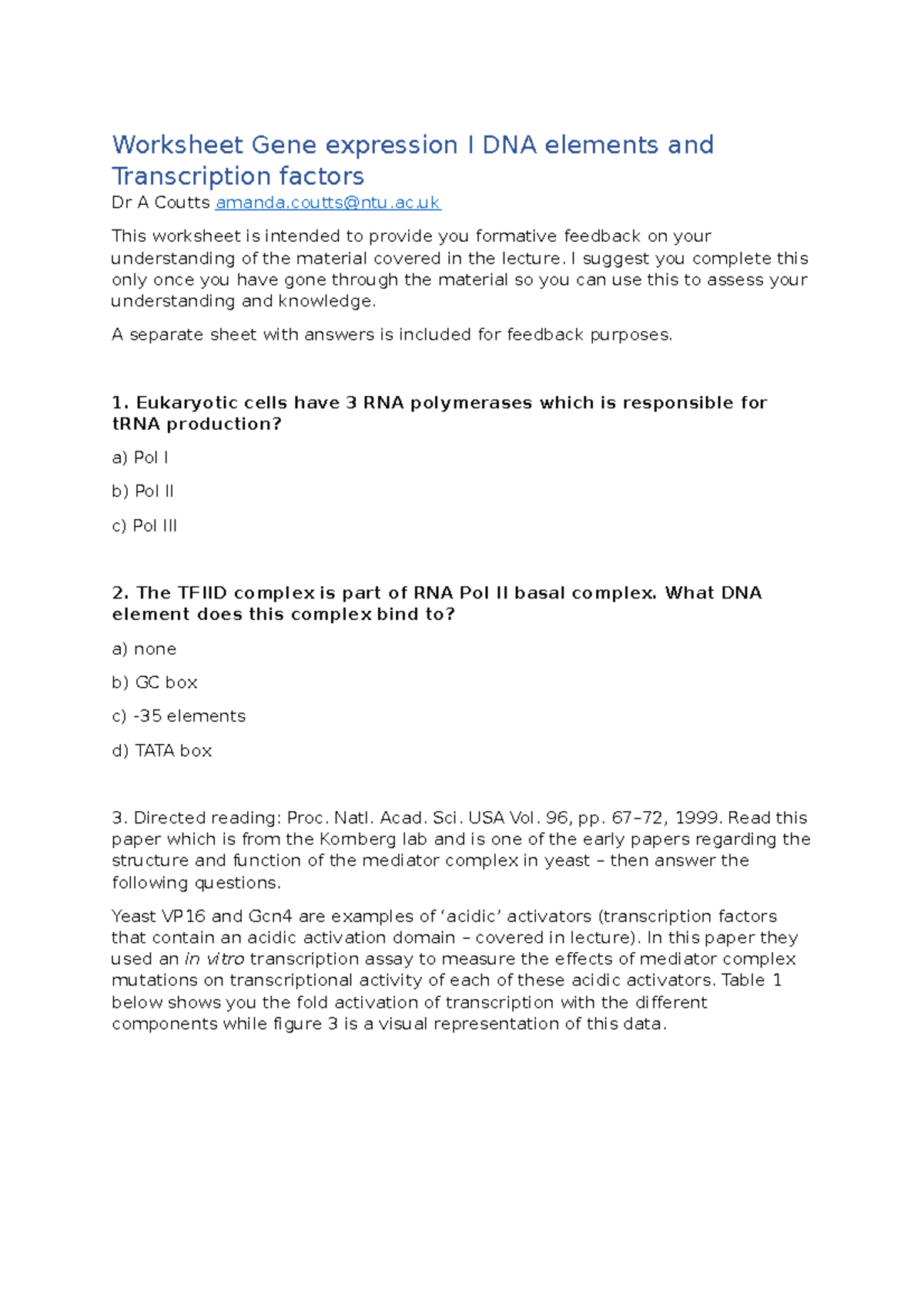 Worksheet Gene expression I DNA elements and Transcription factors - ac This worksheet is ...