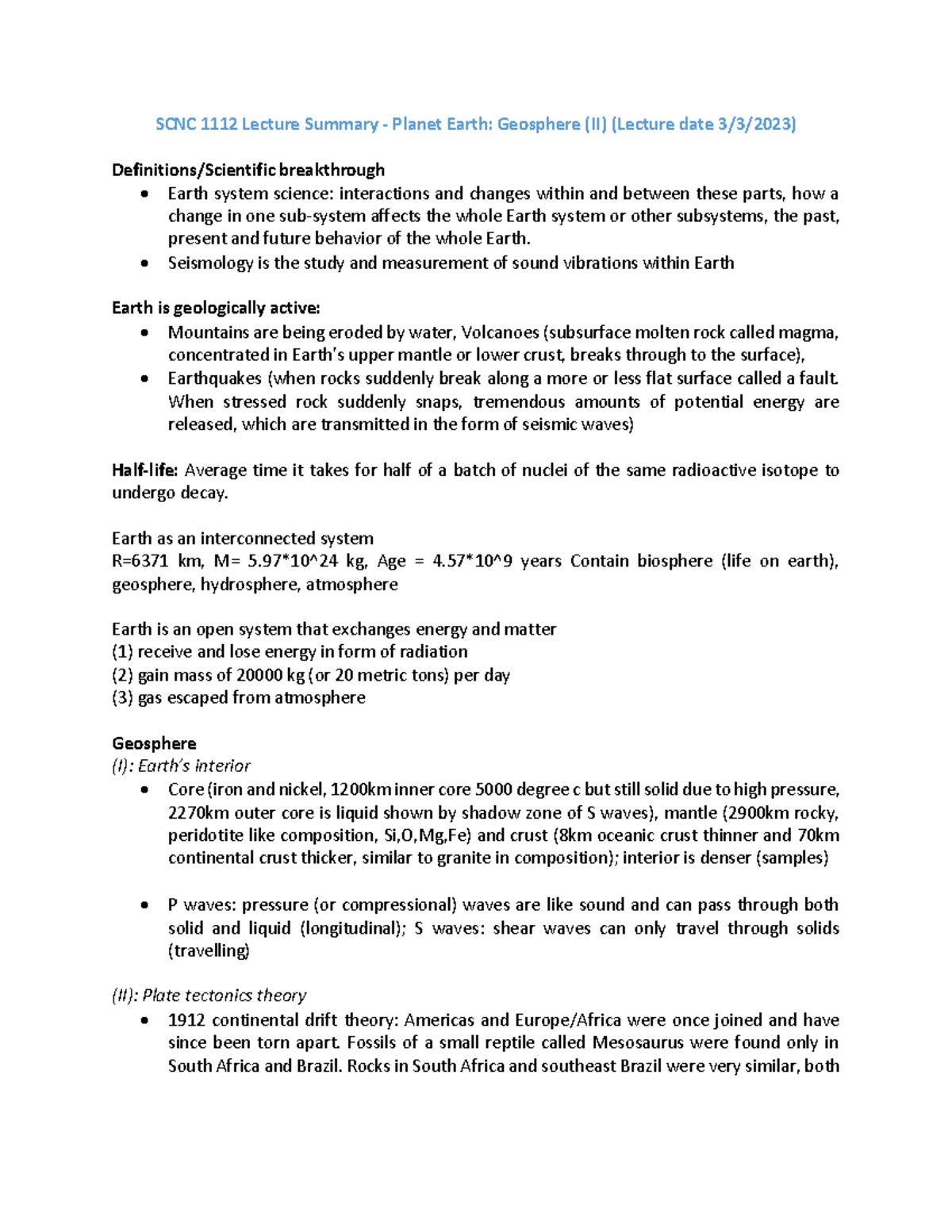 SCNC 1112 Lecture Summary Geosphere. docx - SCNC 1112 Lecture Summary ...
