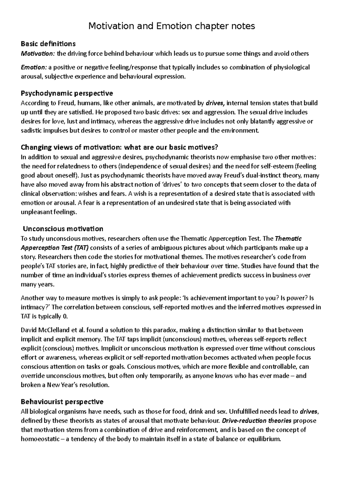 Combined notes of every week of unit - Motivation and Emotion chapter ...
