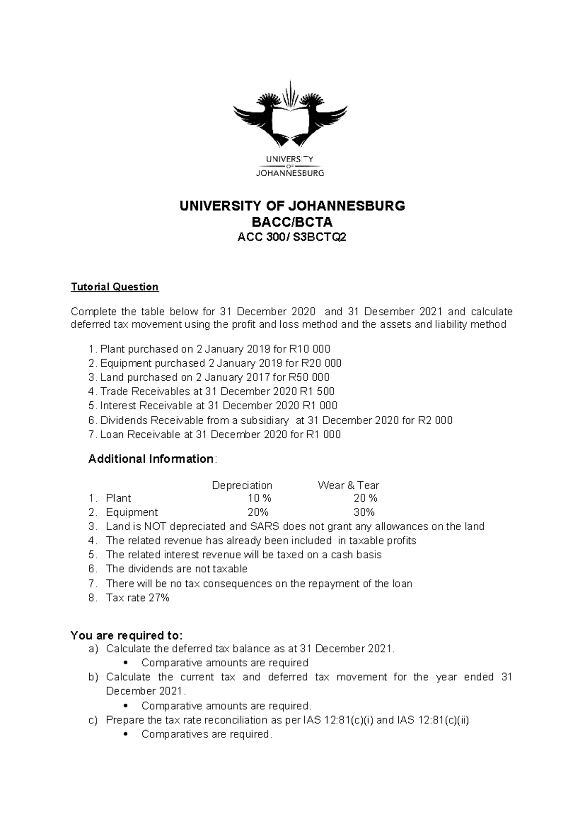 Tutorial Question Deferred Tax- Solution - UNIVERSITY OF JOHANNESBURG ...