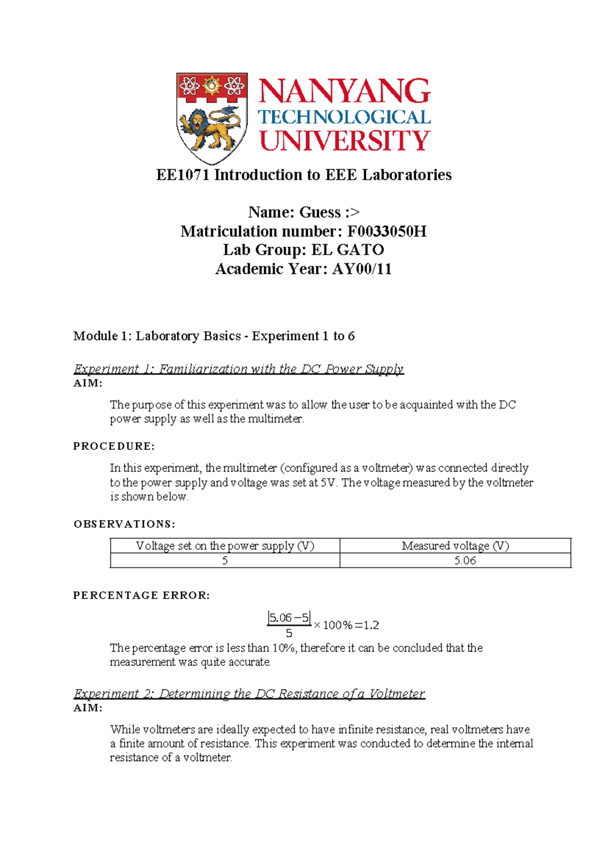 EE1071 Lab Report ft. You're Welcome - EE1071 Introduction to EEE ...
