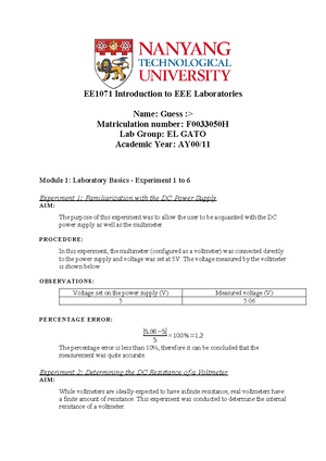 EE1071 Report - EE1071 Introduction to EEE Laboratories Name: Matriculation number: Lab Group ...