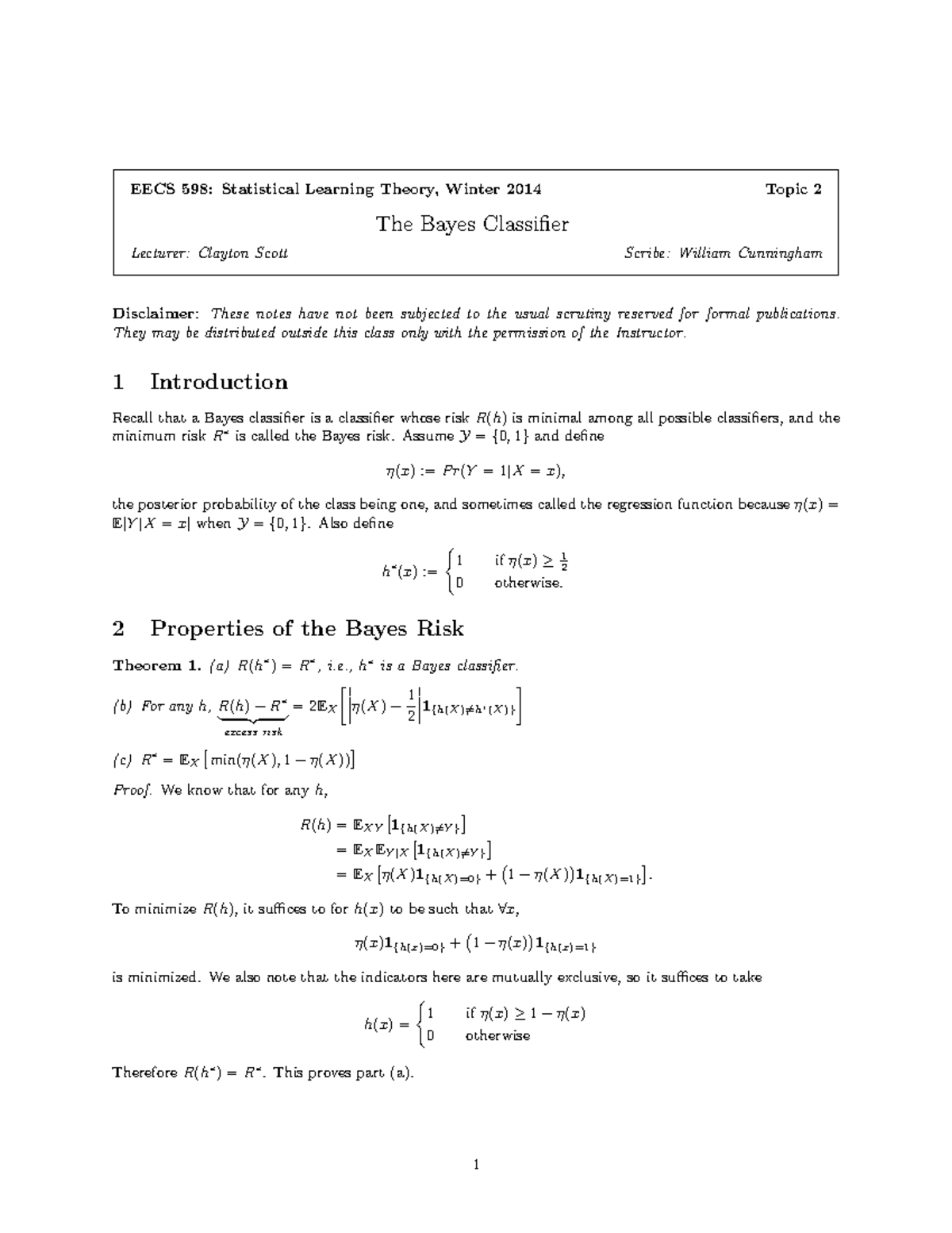 Lecture Notes Lecture 2 Bayes Classifier Eecs 598 Statistical Learning Theory Winter 2014