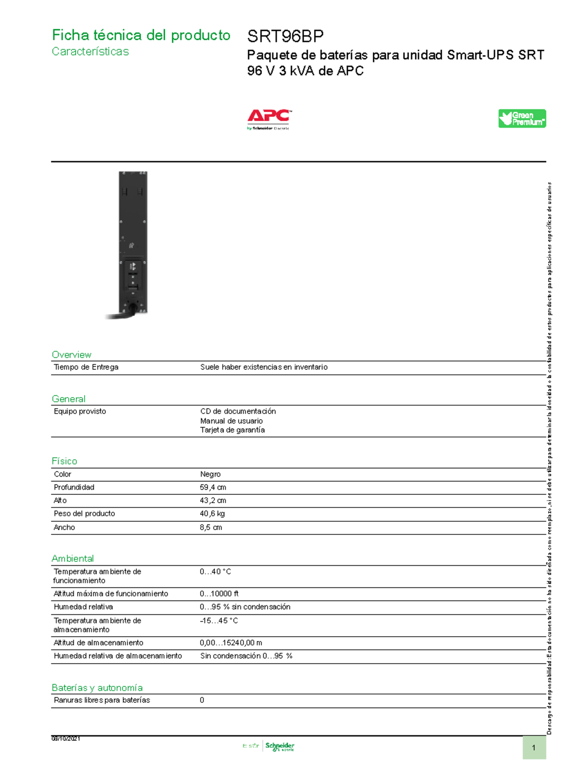 Sistemas de baterías de Smart-UPS SRT96BP - Ficha técnica del producto ...