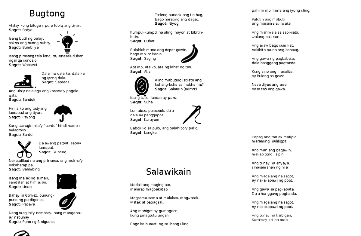 Brochure for bugtong, salawikain, folk songs, and folk tales - Bugtong ...