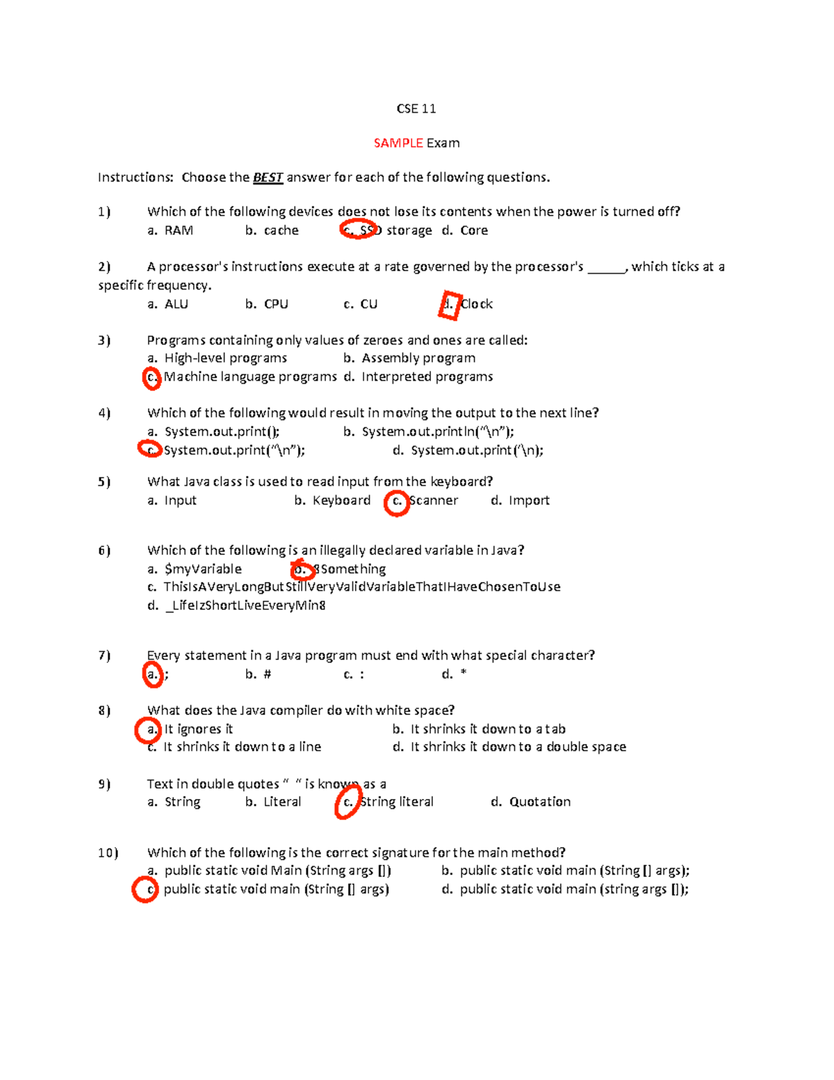 Sample/practice exam - CSE 11 SAMPLE Exam Instructions: Choose the BEST ...