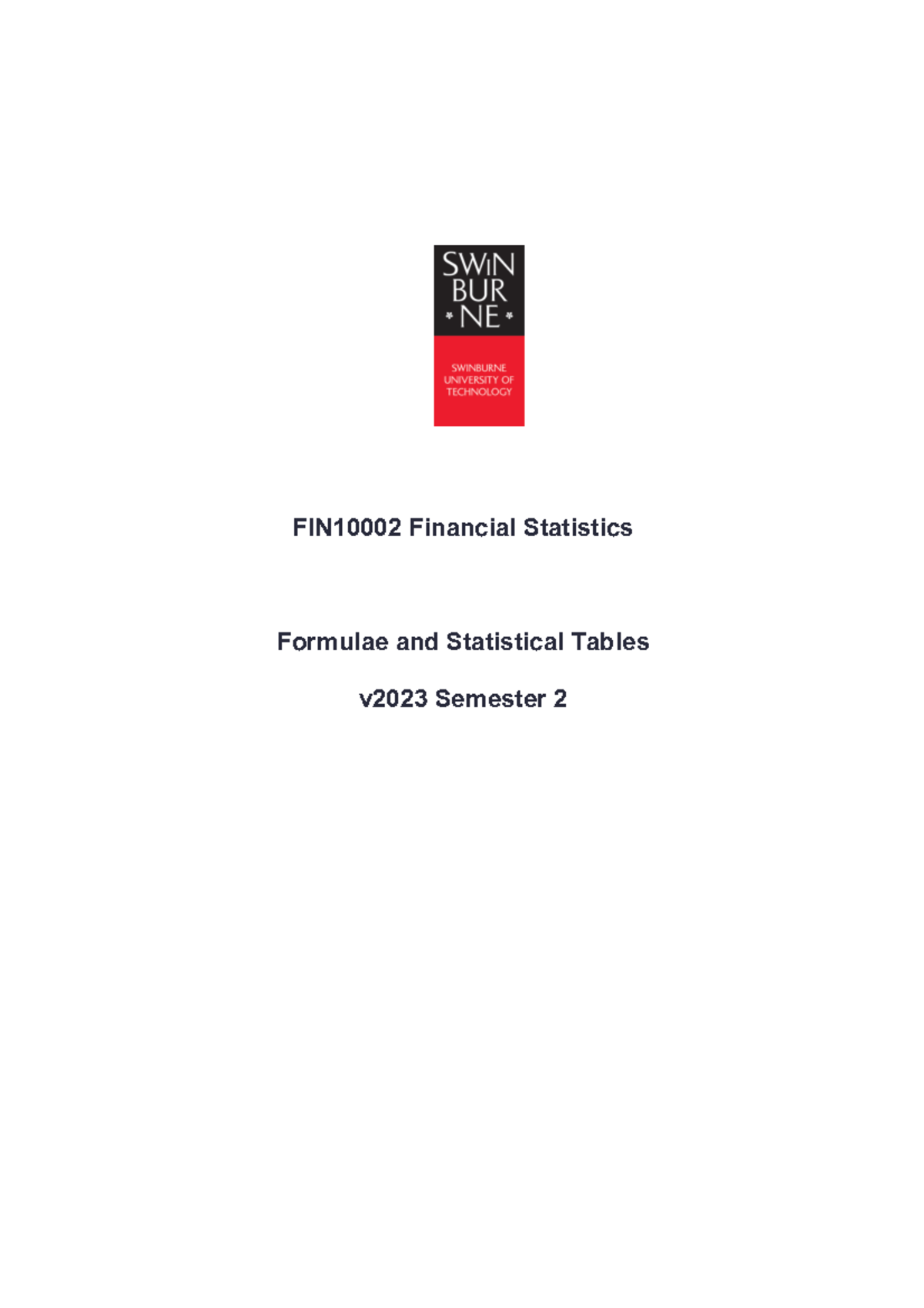 FIN10002 S2 2023 Formulae and statistical tables - FIN10002 Financial ...