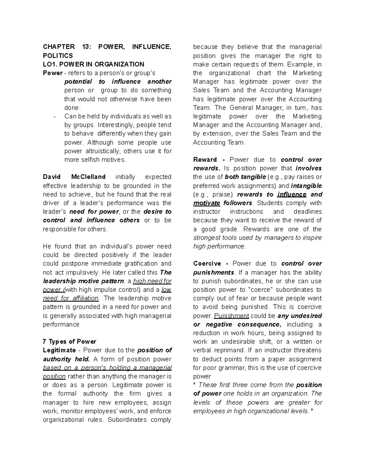 Chapter 13- Power, Influence, Politics - CHAPTER 13: POWER, INFLUENCE ...