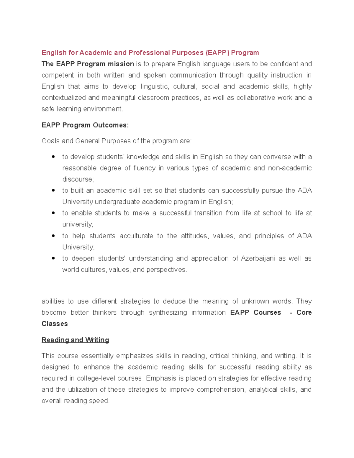 EAPP Program Outcomes - English for Academic and Professional Purposes ...