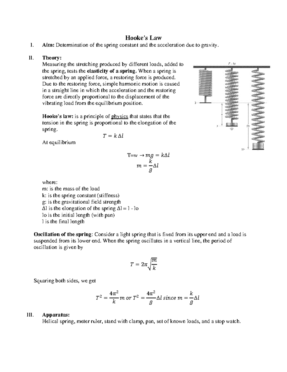 Hook's law - mfbmbc c - Hooke's Law I. Aim: Determination of the spring ...