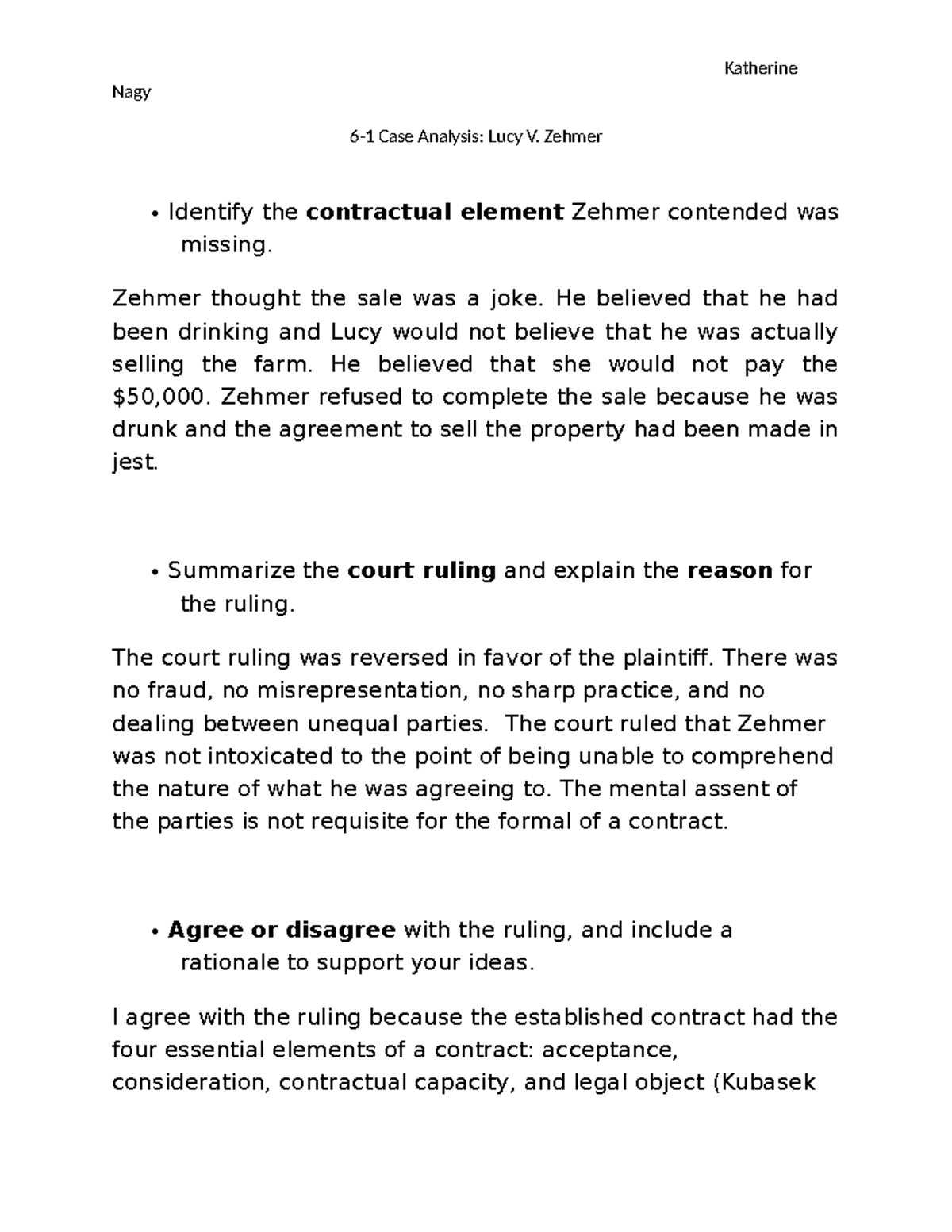 6.1 Case Analysis - Katherine Nagy 6-1 Case Analysis: Lucy V. Zehmer ...