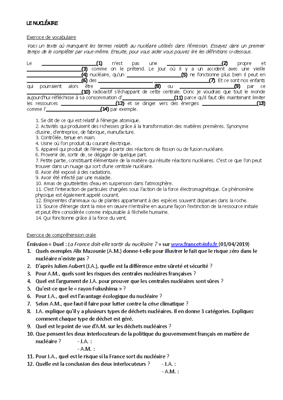 Le nucléaire ex. de vocabulaire - LE NUCLÉAIRE Exercice de vocabulaire ...