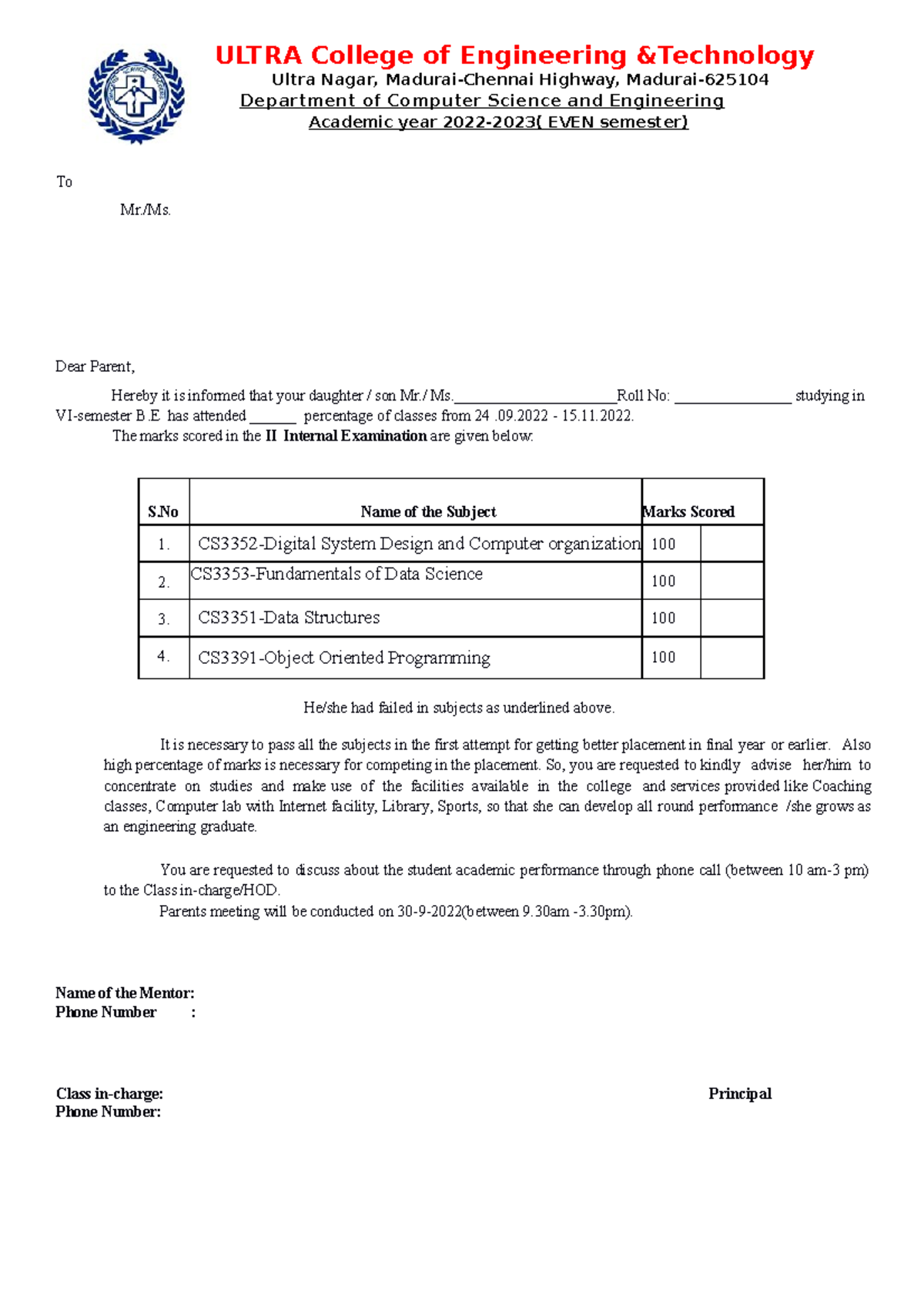 Final parent meet letter - ULTRA College of Engineering &Technology Ultra Nagar, Madurai-Chennai ...