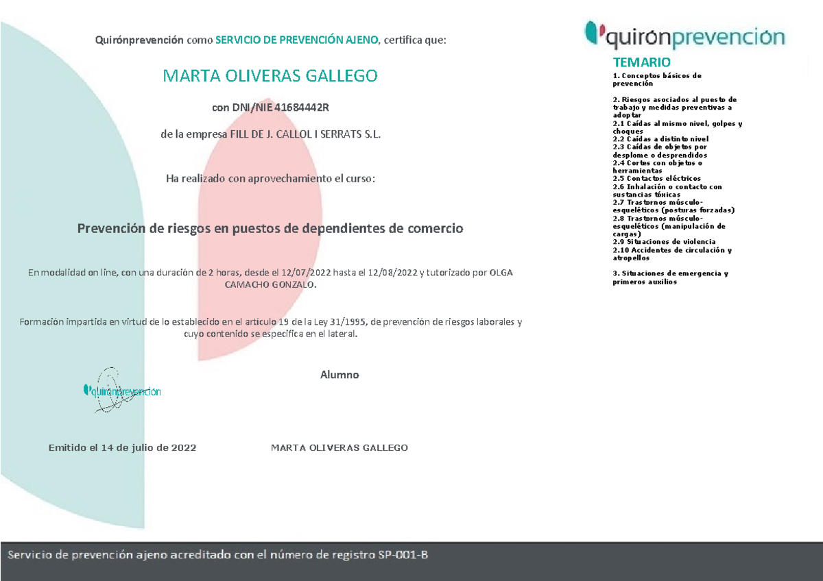 Cert 3032210 - SDCSDC - Quirónprevención como SERVICIO DE PREVENCIÓN ...