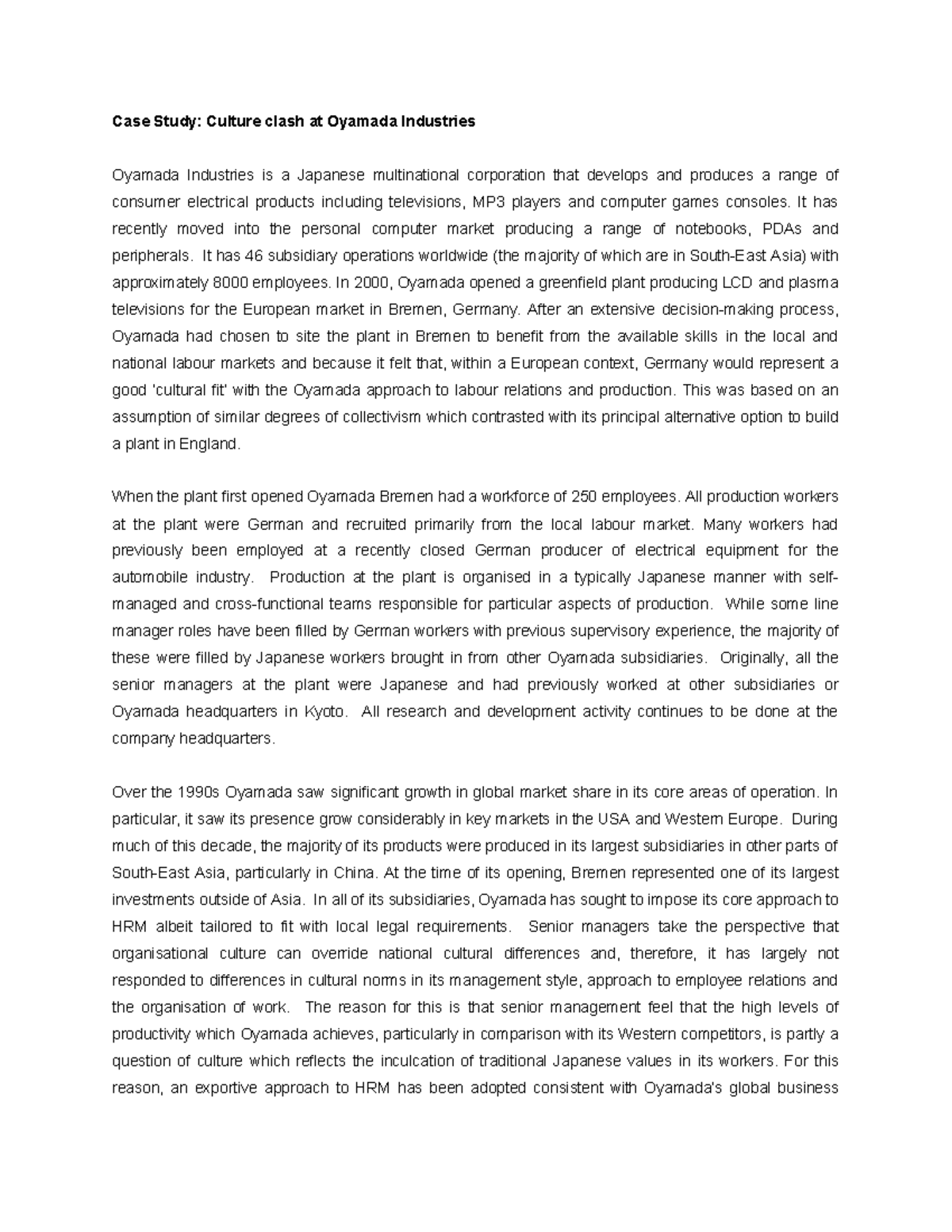 Case Study cultural clash - Case Study: Culture clash at Oyamada ...