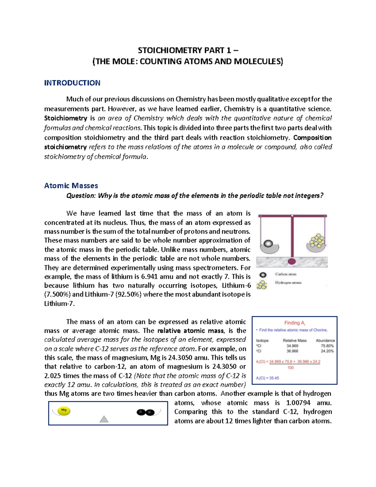 LC - Stoichiometry P1 The Mole - Counting Atoms and Molecules ...