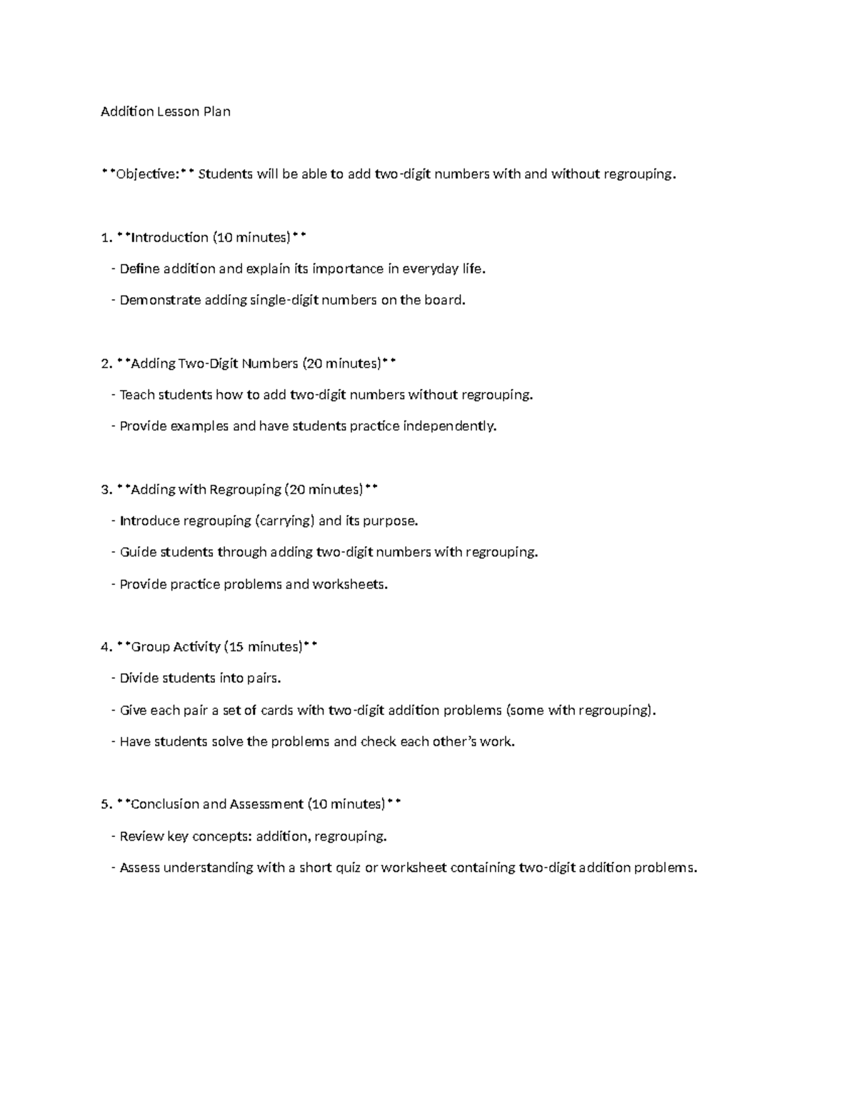 Addition Lesson Plan - Addition Lesson Plan Objective: Students will be ...