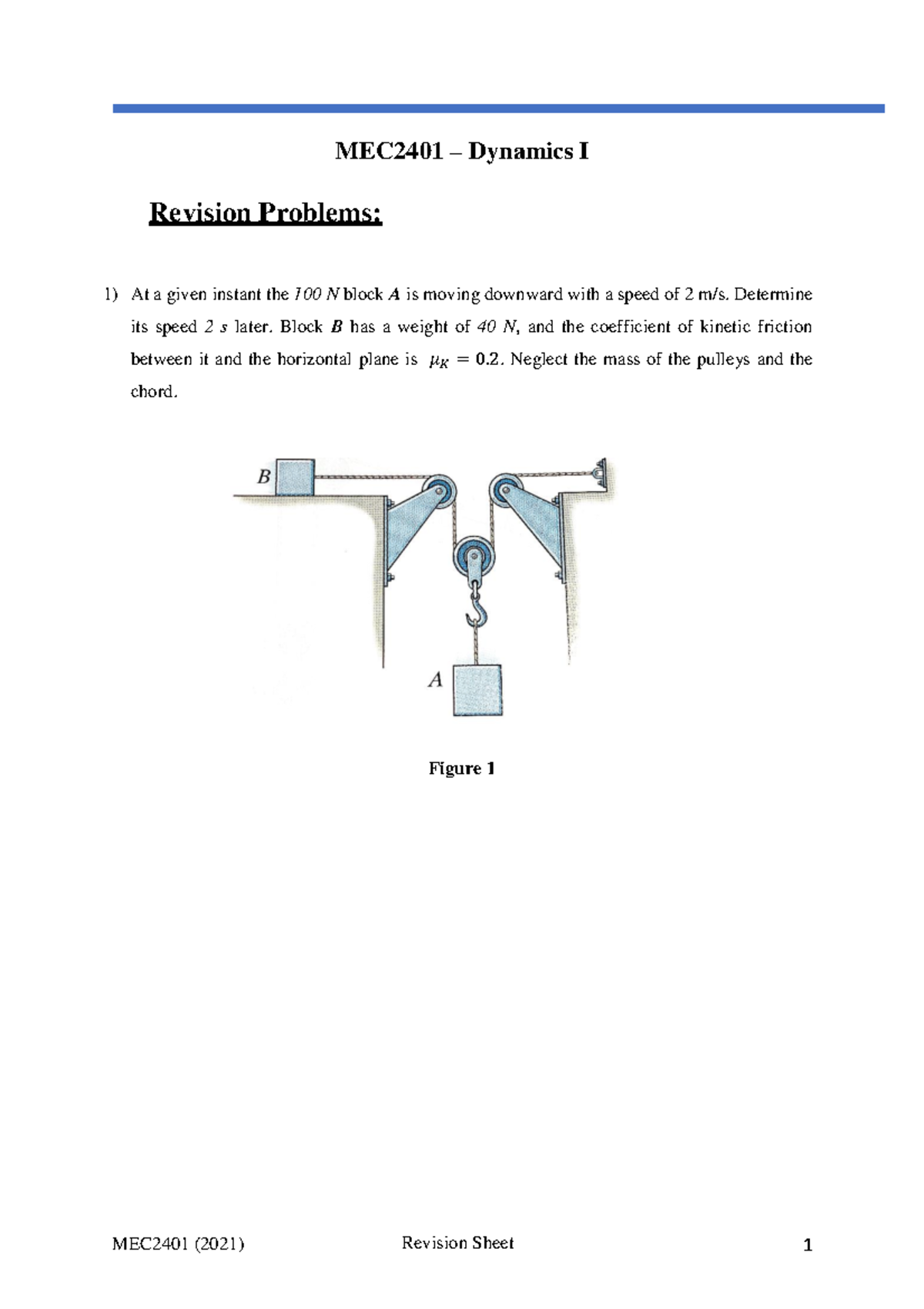 MEC2401 Revision Sheet - MEC2401 – Dynamics I Revision Problems: At a given instant the 100 N ...