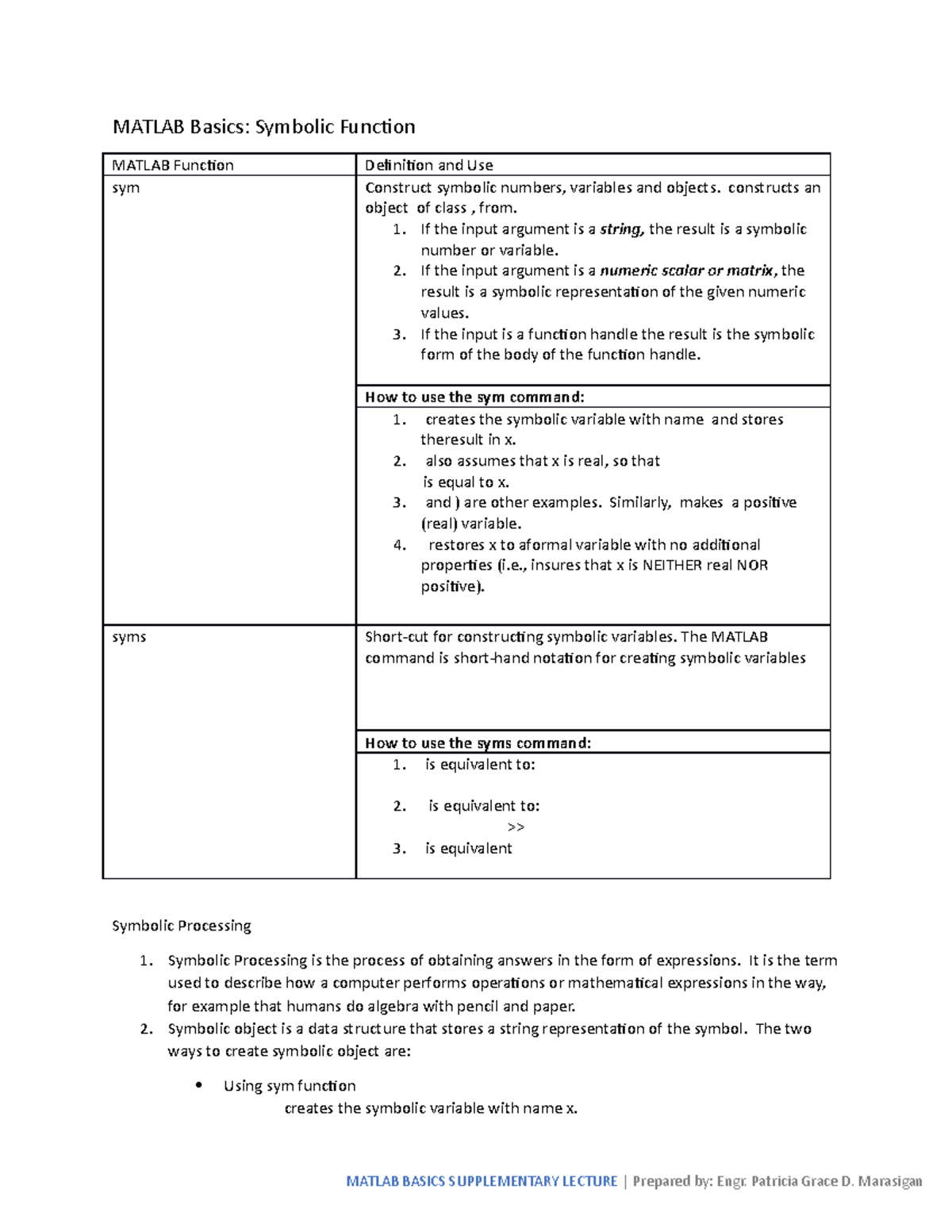 Supplementary Lecture - Symbolic Function - MATLAB Basics: Symbolic ...