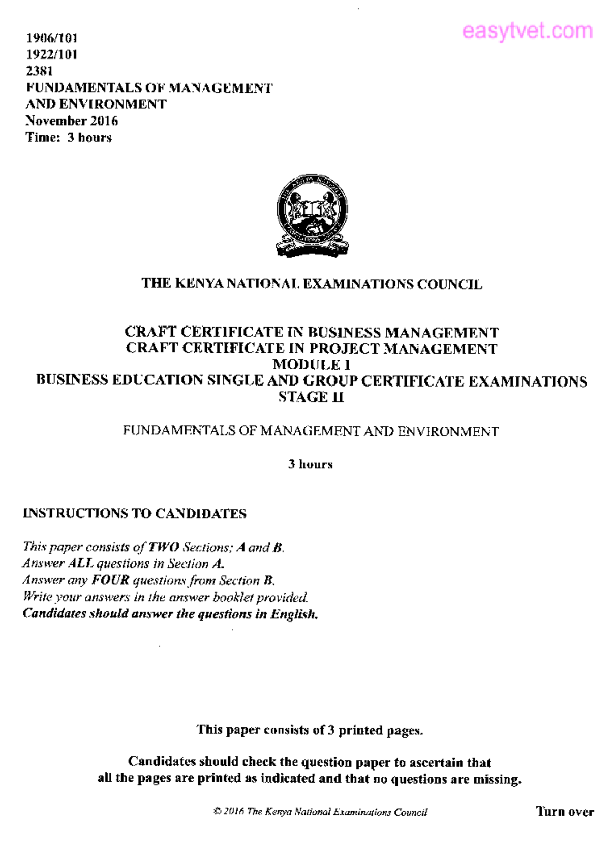 2016 nov - Past papers - easytvet 2381 FUNDAMENTALS OF MANAGEMENT AND ...