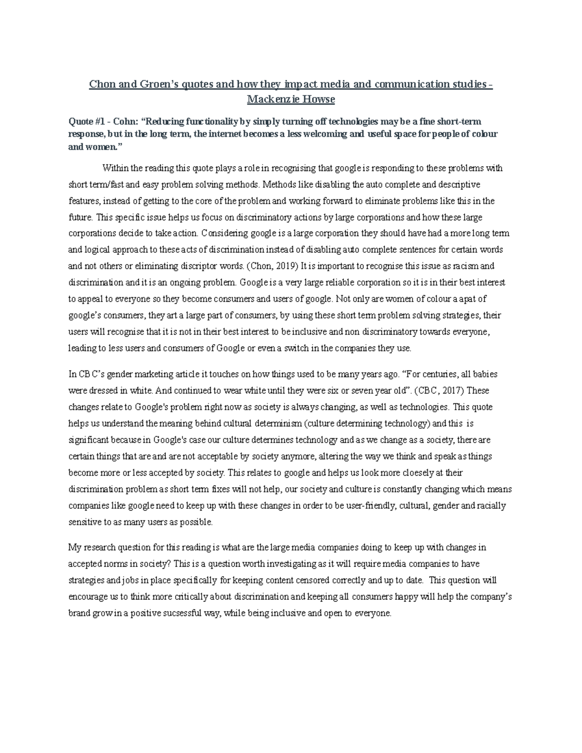 Comm final assignment final copy - Chon and Groen’s quotes and how they ...