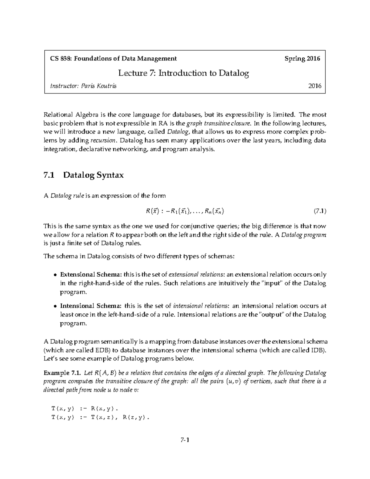 Datalog summary - CS 838: Foundations of Data Management Spring 2016 ...