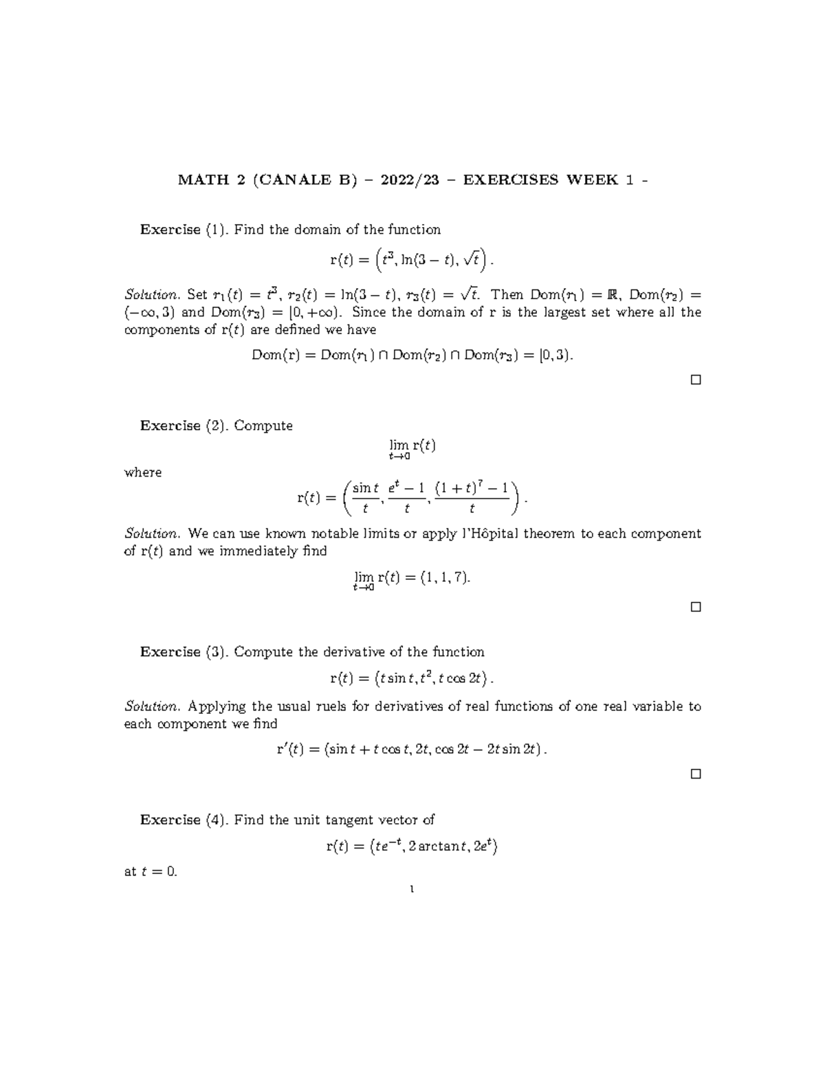 Exercises WEEK1 2022 - esercii - MATH 2 (CANALE B) – 2022/23 – EXERCISES WEEK 1 - Exercise (1 ...