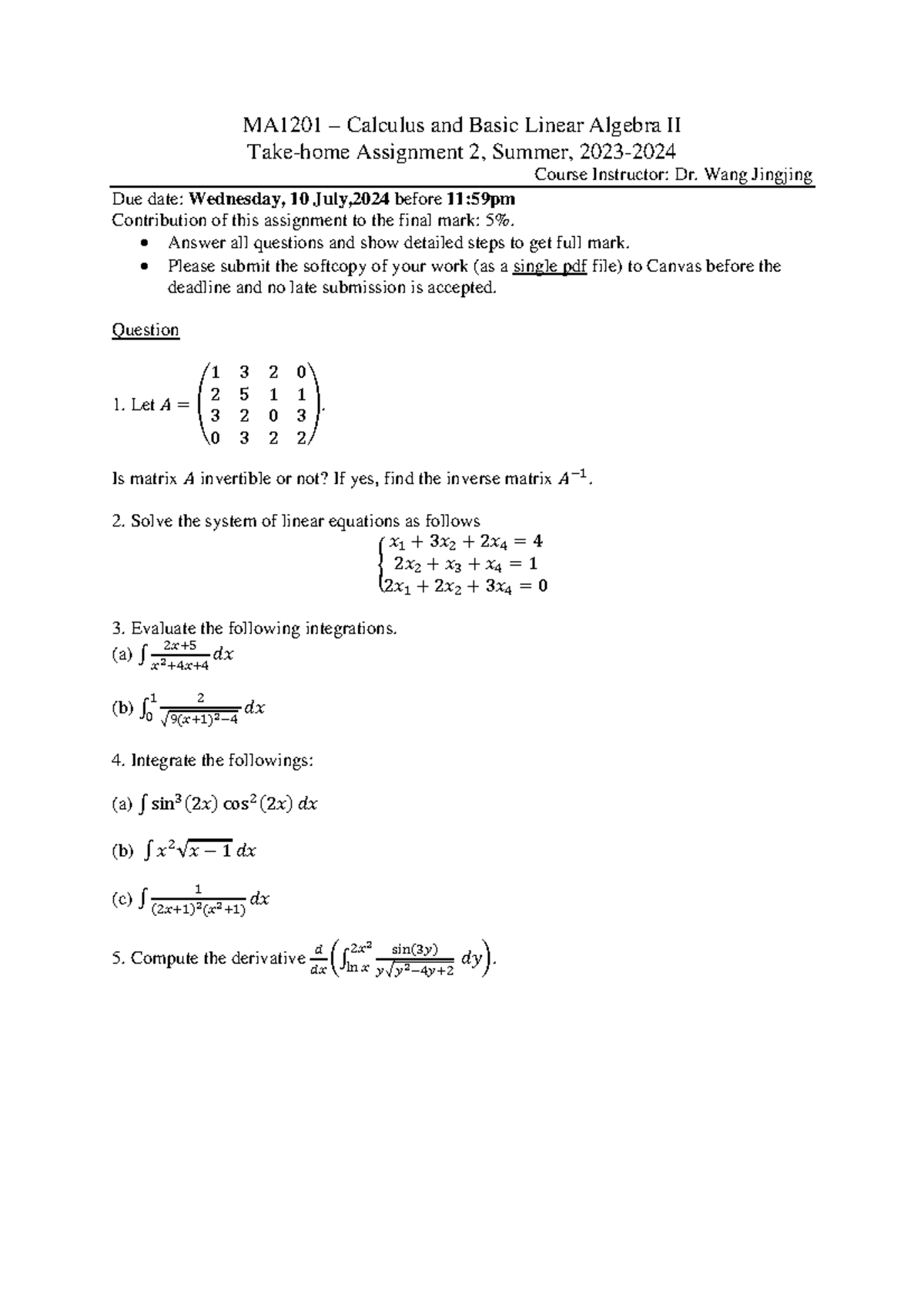 MA1201+HW2 - Hw2 - MA1201 – Calculus and Basic Linear Algebra II Take-home Assignment 2 , Summer ...