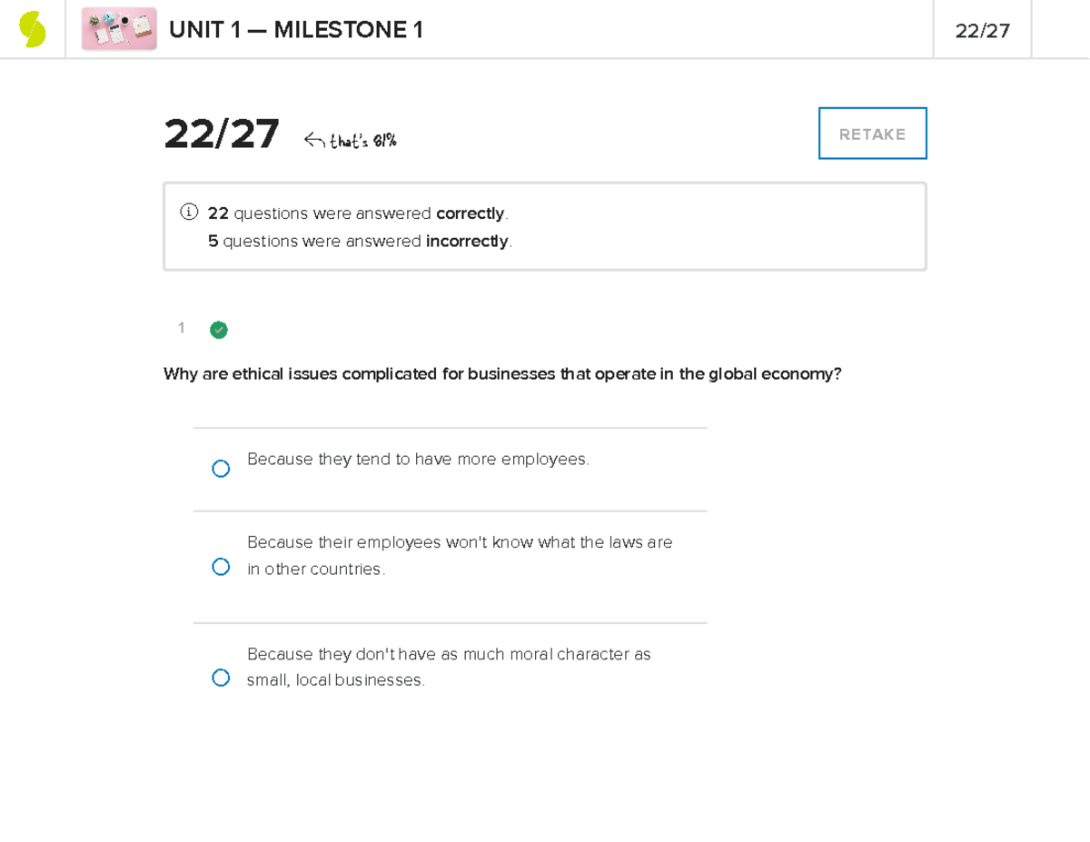 Milestone 1 Answers - Principals of Finance - 1 22 / 27 that's 81% ...