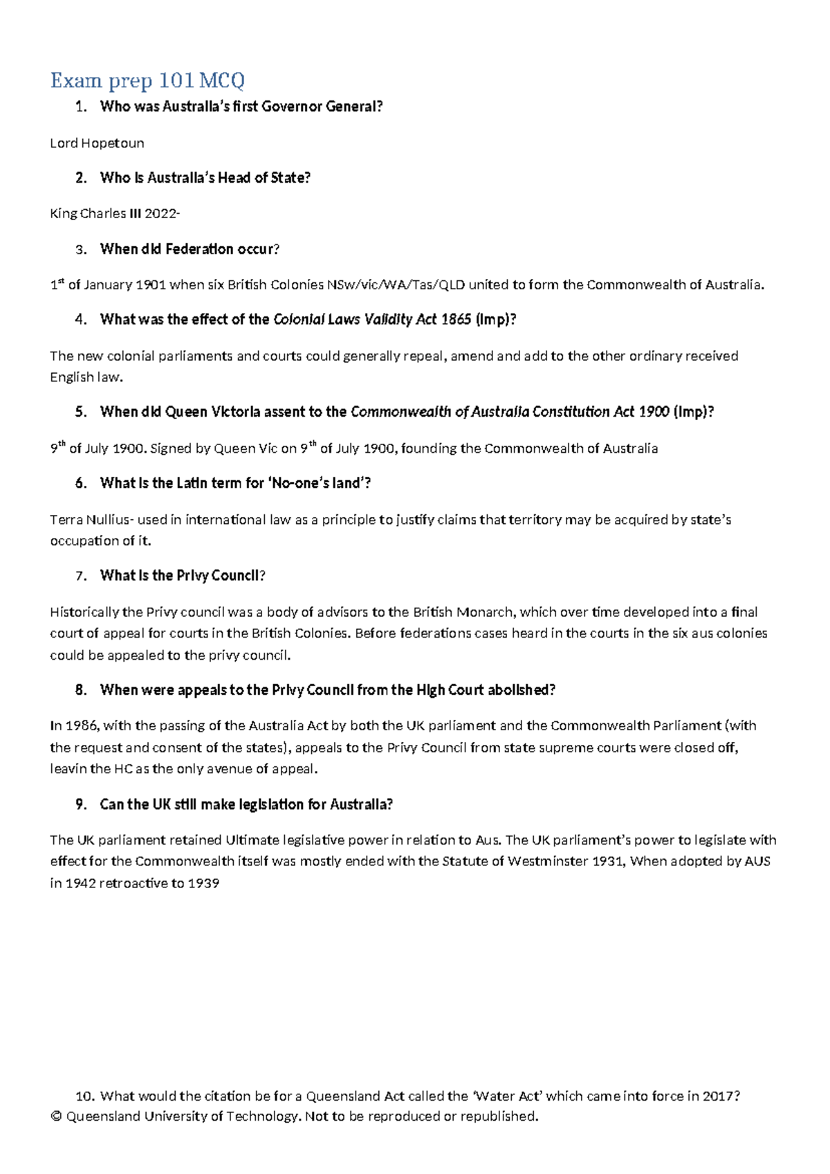 Exam prep MCQ - .... - Exam prep 101 MCQ 1. Who was Australia’s first ...