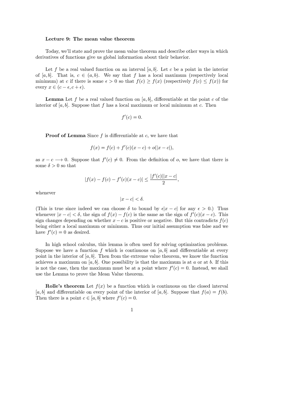 Lecture 9 mean value theorem - Lecture 9: The mean value theorem Today ...