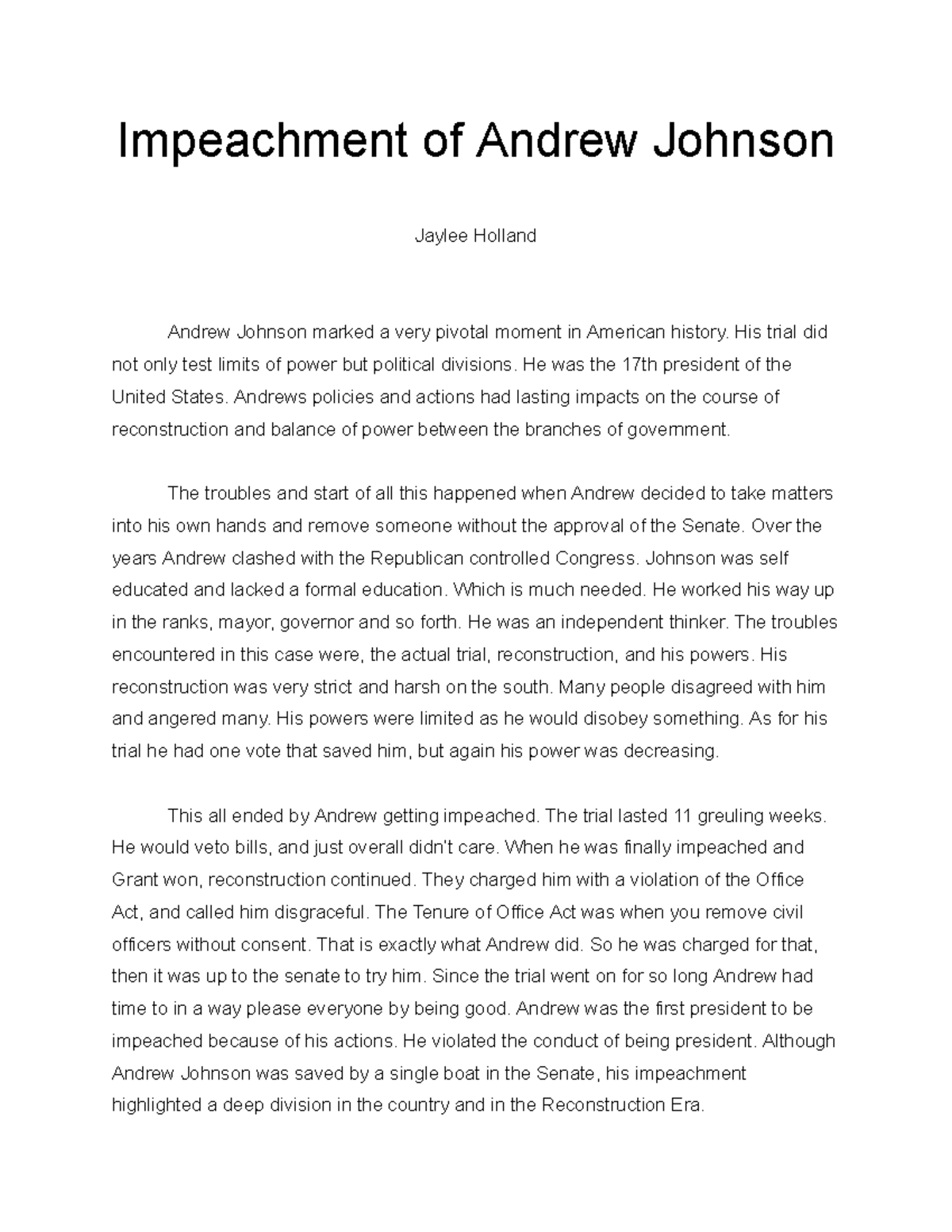Impeachment of Andrew Johnson - Impeachment of Andrew Johnson Jaylee ...