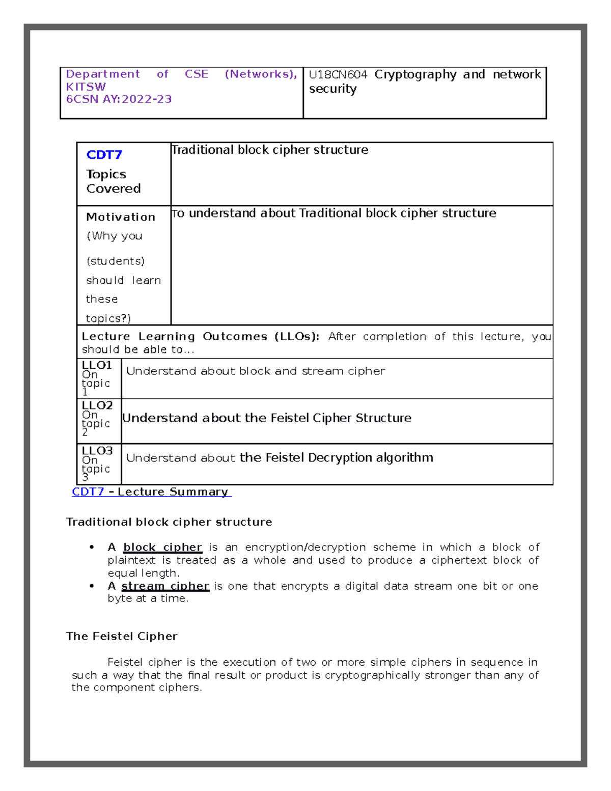 CNS CDT-7 - Traditional block cipher structure - Department of CSE (Networks), KITSW 6CSN AY ...