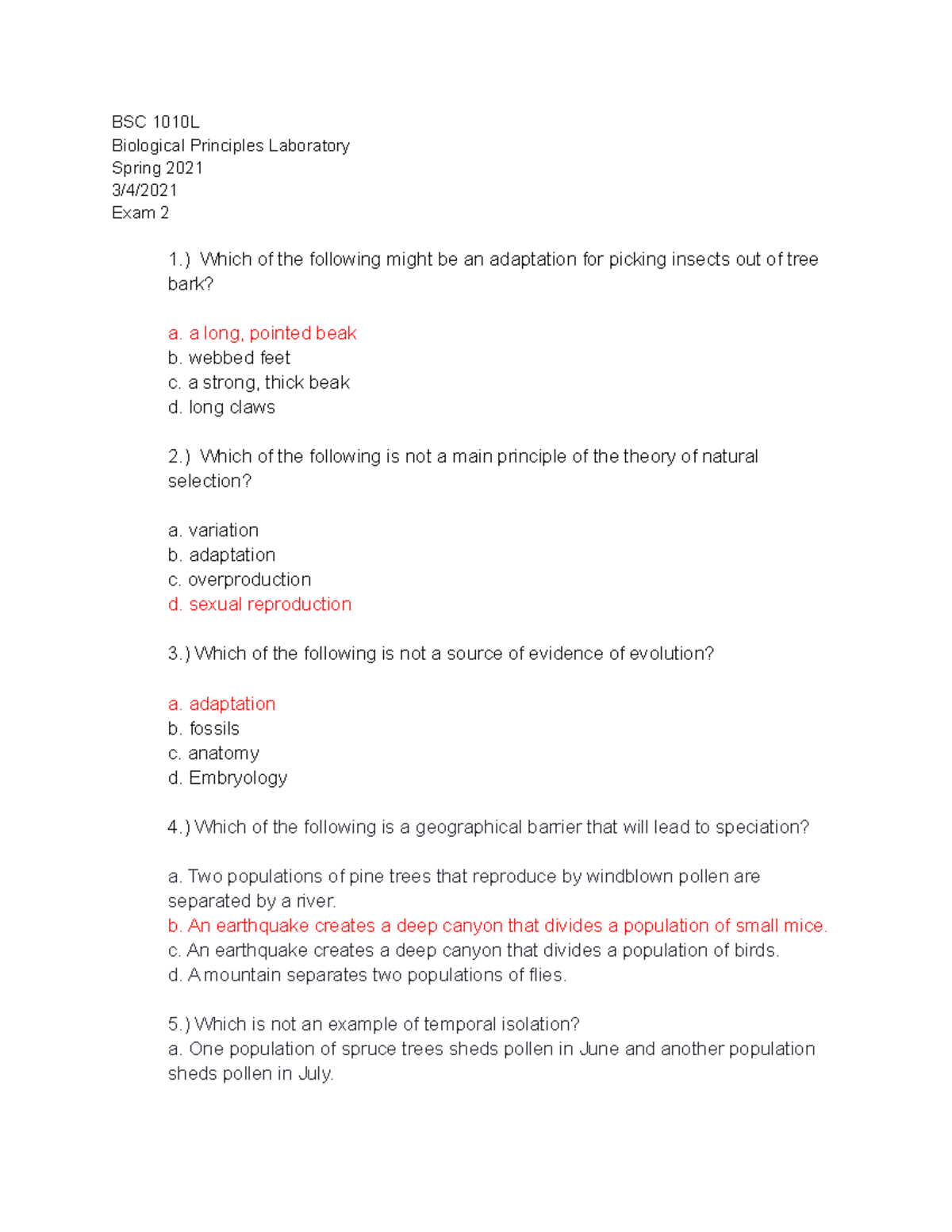 BSC 1010 L Exam 2 - A comprehensive treatment of biological principles ...