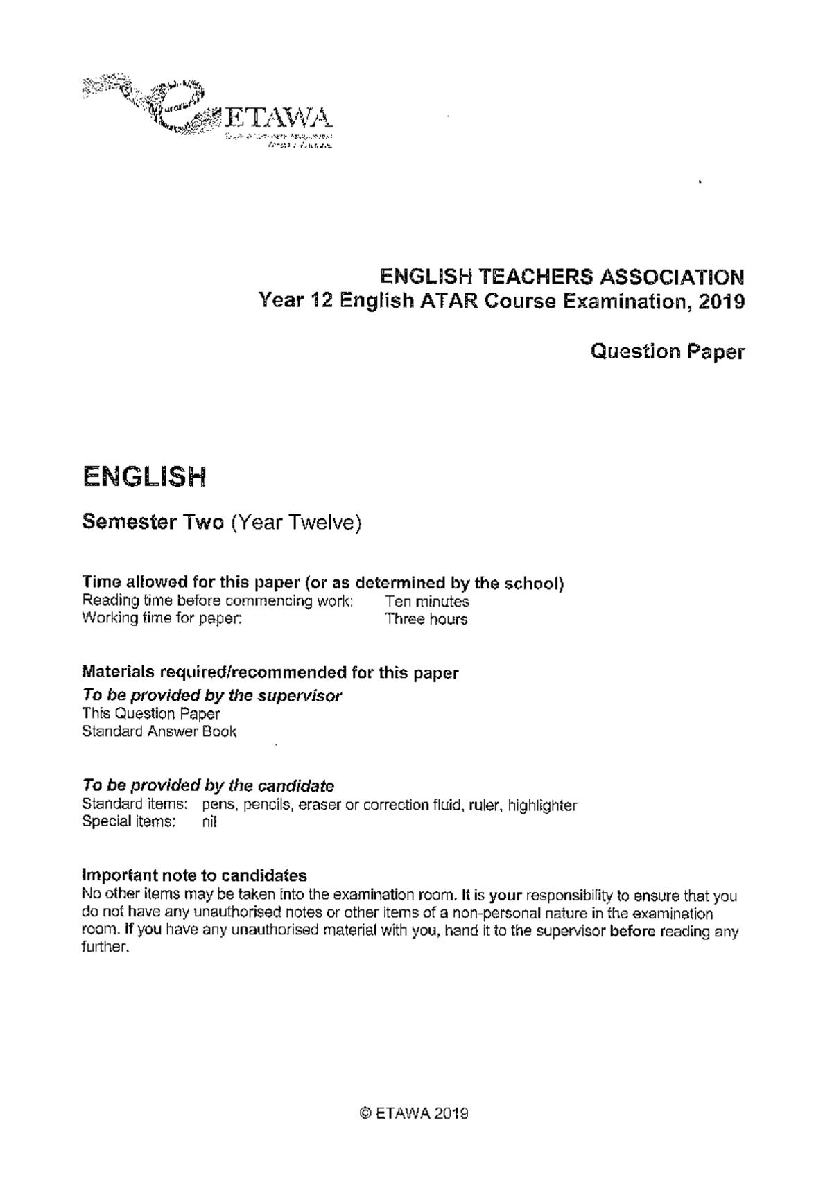 EXAM ATAR 12 semester 2 2019 2020 english - EDUC5460 - Studocu