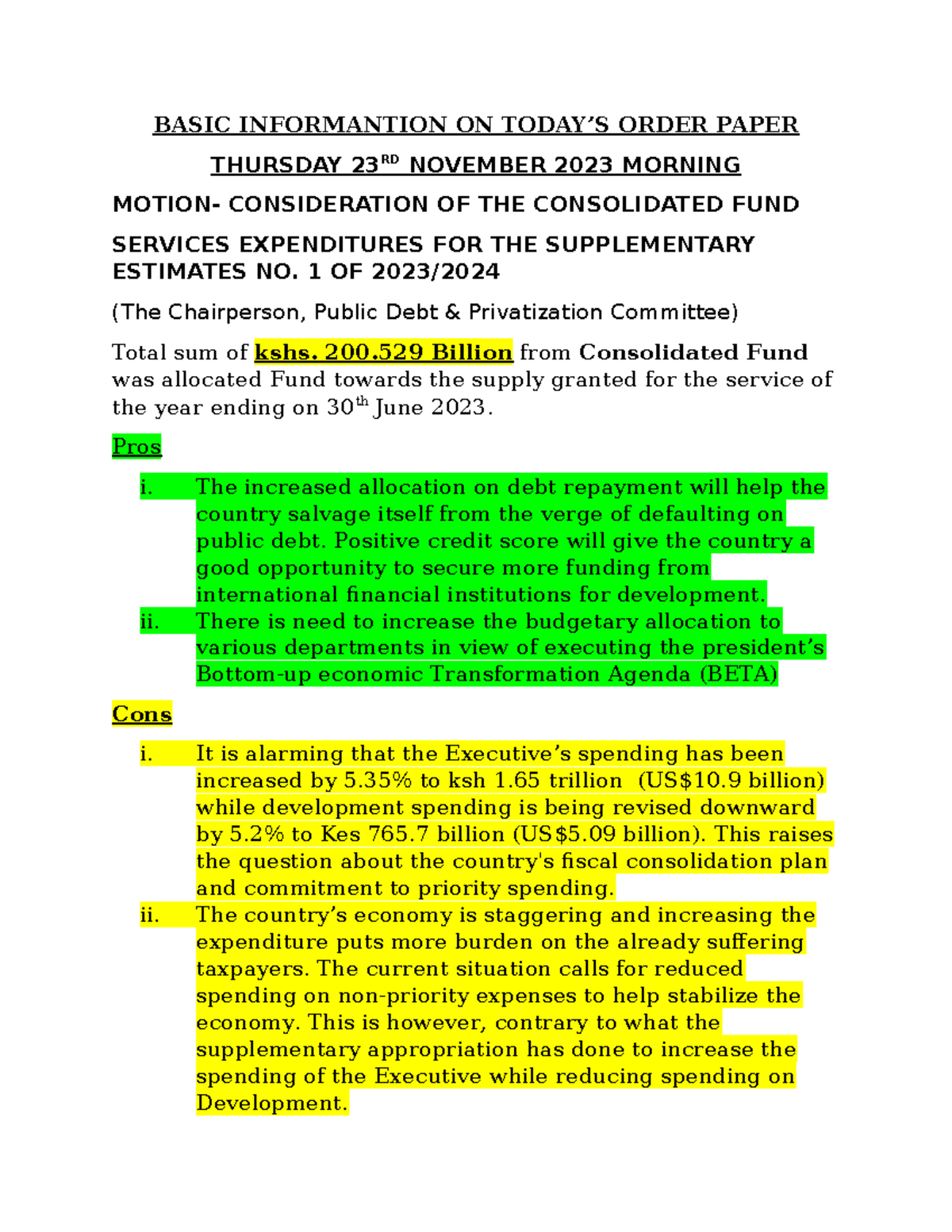 National Assembly Thurday 23-11-23 Morning Basic Informantion - BASIC ...