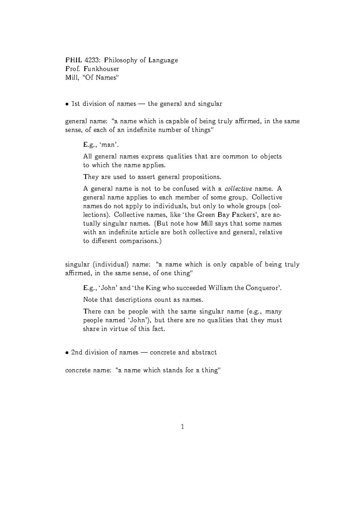 Lecture Notes Mill Names - PHIL 4233: Philosophy of Language Prof ...