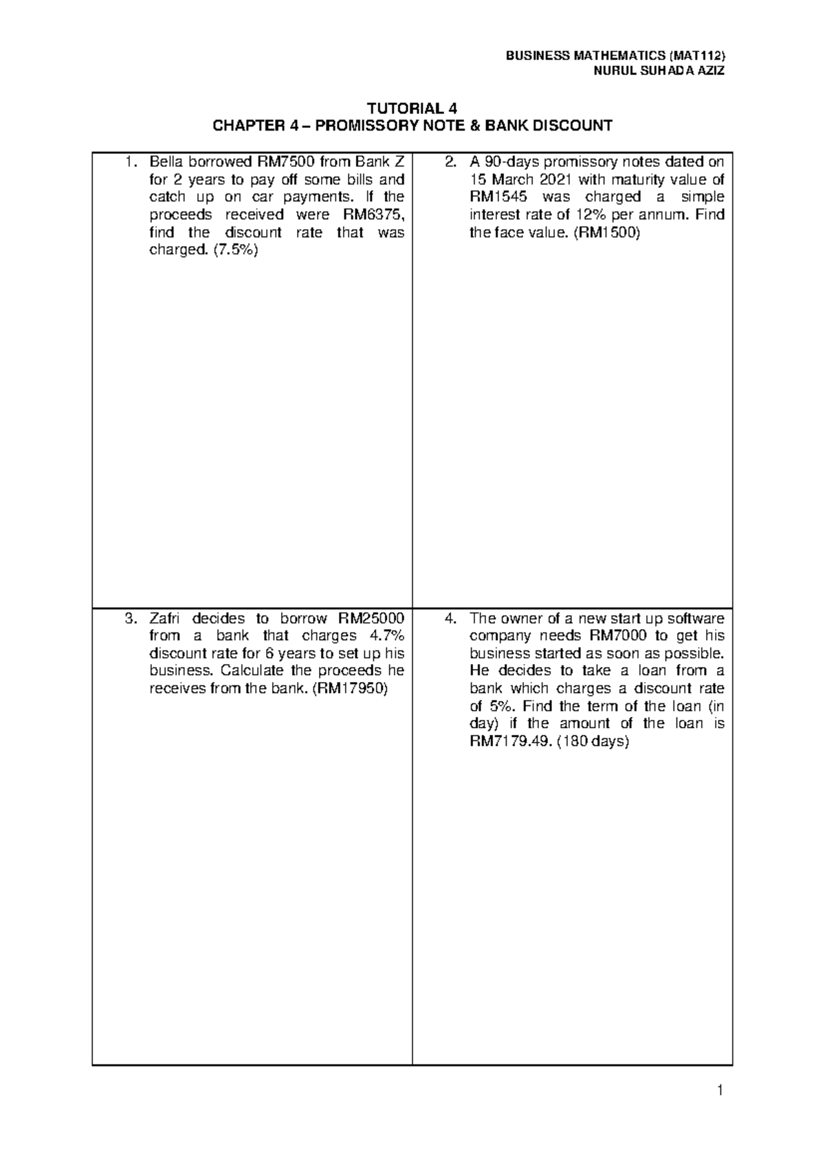 Tutorial 4 MAT112 March 2023 - BUSINESS MATHEMATICS (MAT112) NURUL SUHADA AZIZ 1 TUTORIAL 4 ...