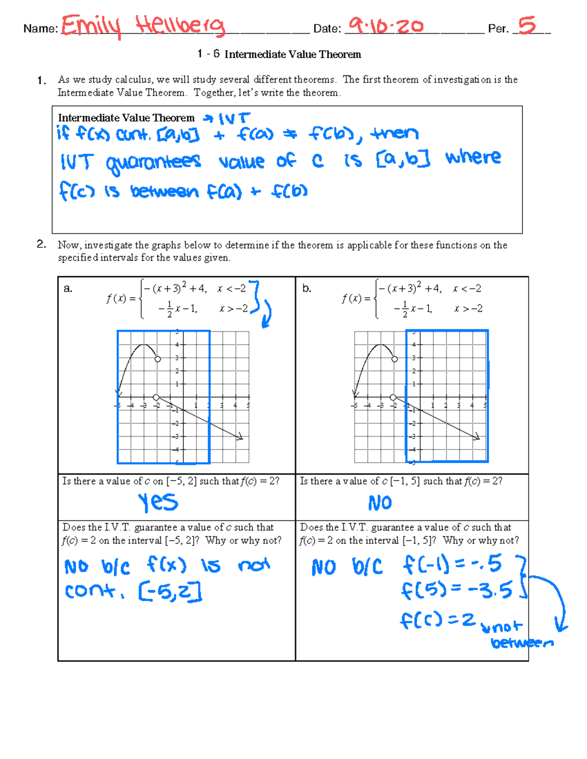 1-6 Intermediate Value Theorem - Intermediate Value Theorem As we study ...