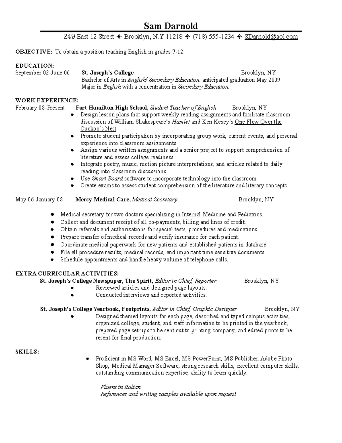 Sample Modern Resume -Sam Darnold - Sam Darnold 249 East 12 Street ...