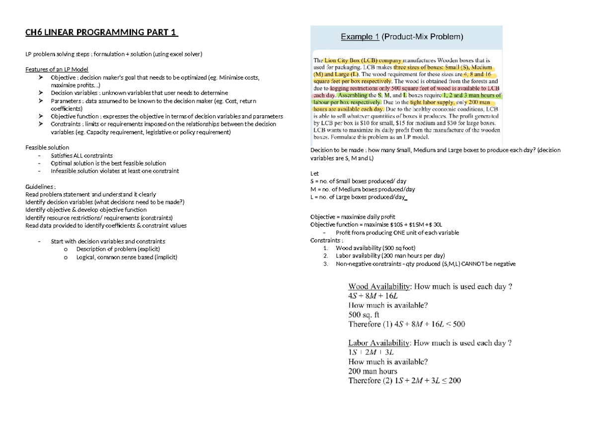 BE1401 CH6 Linear Programming PART 1 - CH6 LINEAR PROGRAMMING PART 1 LP problem solving steps ...