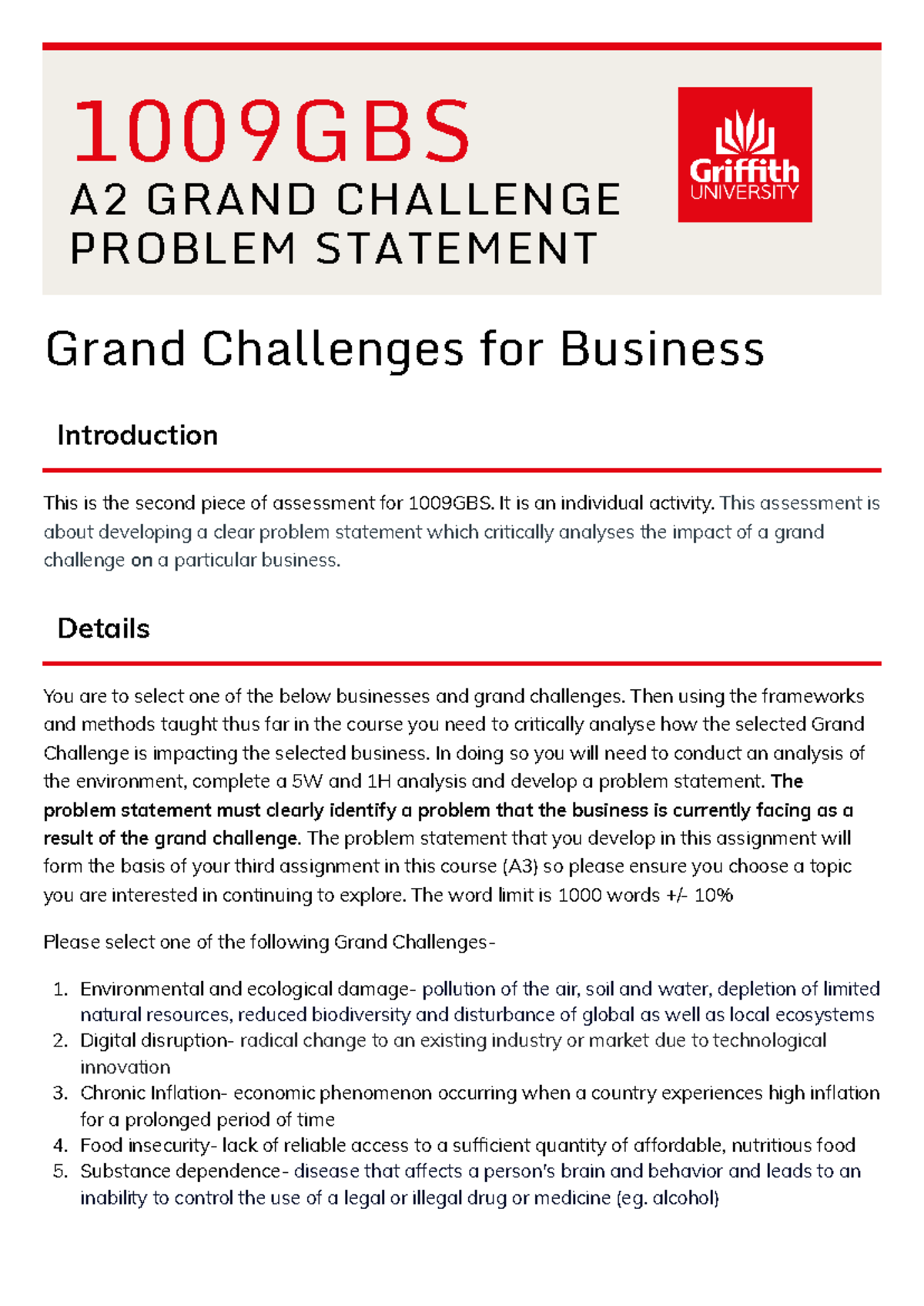 1009GBS A2 details - Grand Challenges for Business This is the second ...
